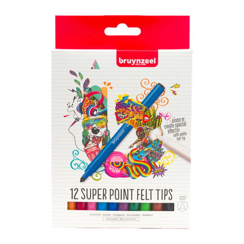 Viltstift Bruynzeel Super Point met witte wisstift set 12 kleuren